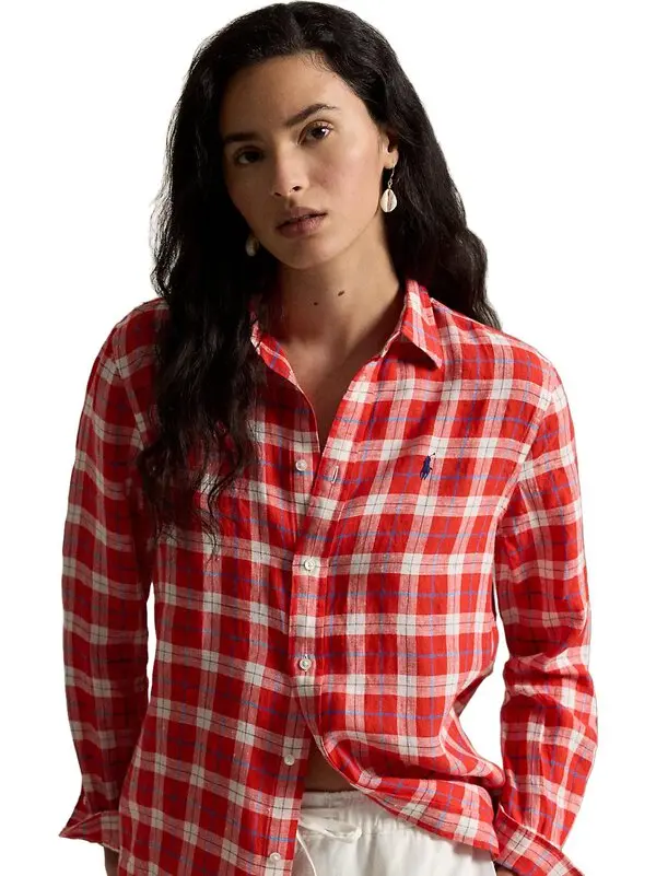 Ralph Lauren Classic Fit Plaid Linen Shirt - Red White Blue Multi