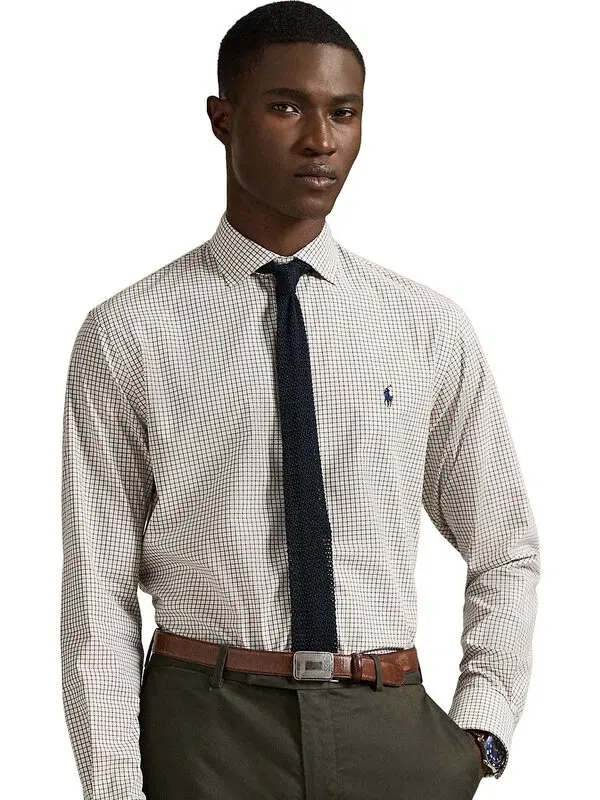 Ralph Lauren Classic Fit Plaid Stretch Poplin Shirt - White/brown Check