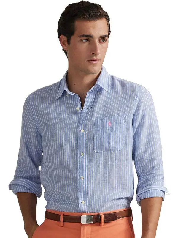 Ralph Lauren Classic Fit Striped Linen Shirt - Harbor Island Blue White