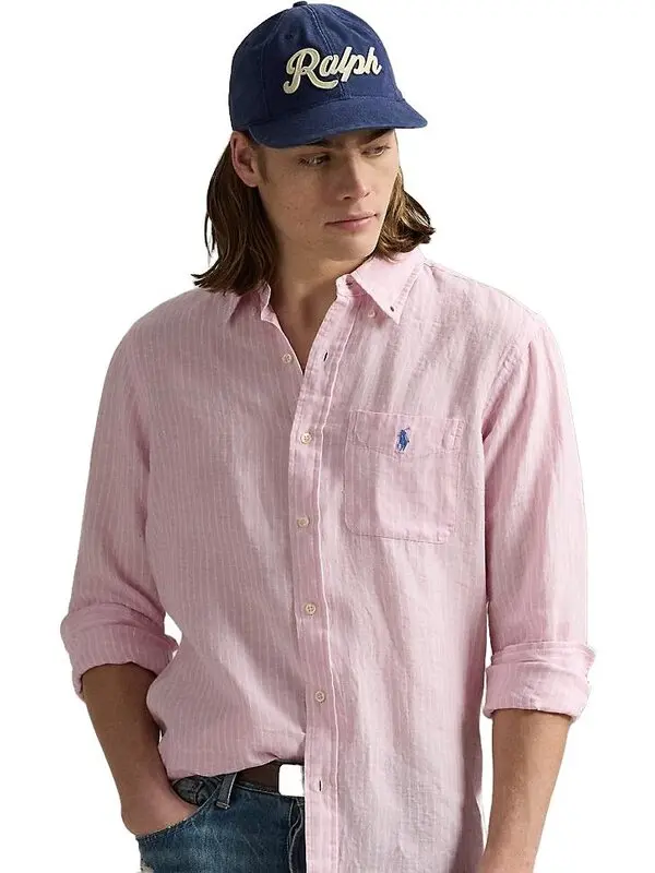 Ralph Lauren Classic Fit Striped Linen Shirt - Pink/white