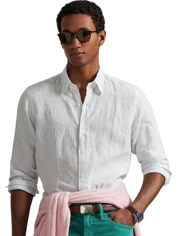 Ralph Lauren Classic Fit Striped Linen Shirt - White Blue