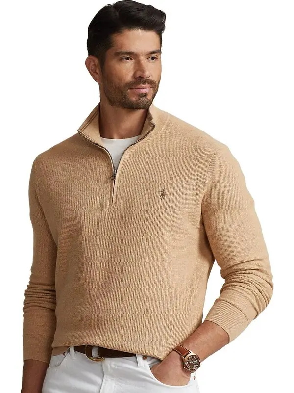 Ralph Lauren Mesh-knit Cotton Quarter-zip Sweater - Camel Melange