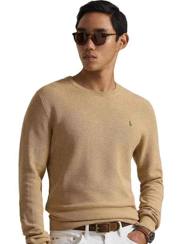 Ralph Lauren Mesh-knit Cotton Crewneck Sweater - Camel Melange