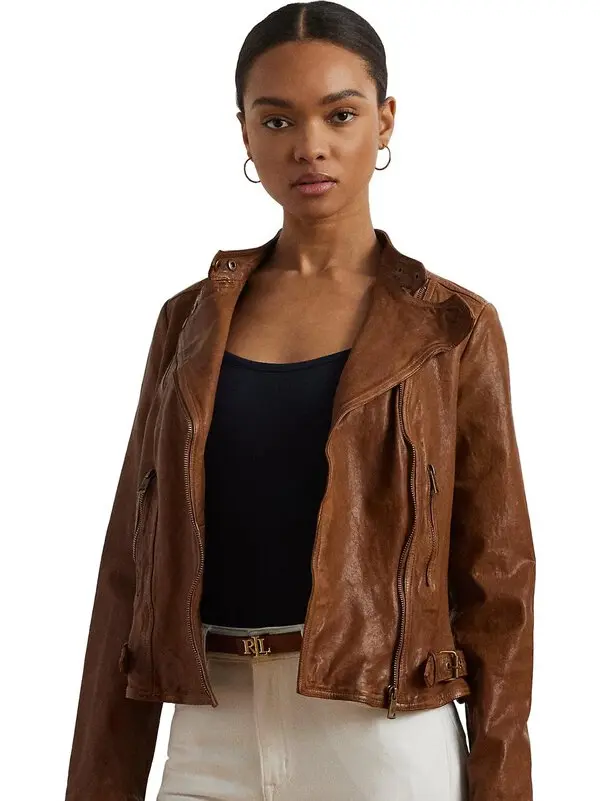Ralph Lauren Burnished Leather Moto Jacket - Dark Walnut