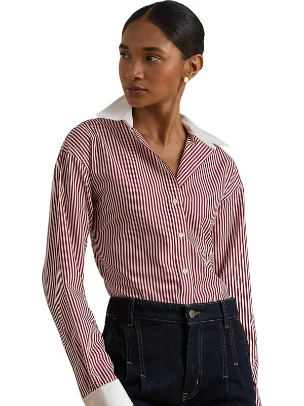 Ralph Lauren Striped Cotton Broadcloth Shirt - Burgandy/white Multi