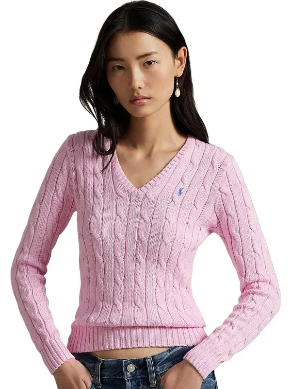 Ralph Lauren Cable-knit Cotton V-neck Sweater - Carmel Pink