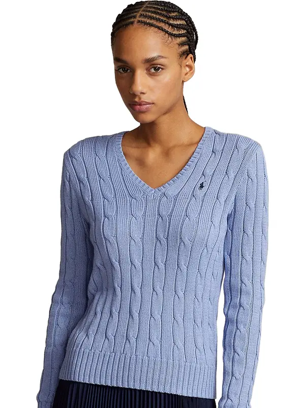 Ralph Lauren Cable-knit Cotton V-neck Sweater - New Litchfield Blue