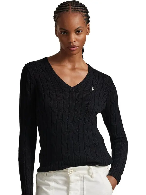 Ralph Lauren Cable-knit Cotton V-neck Sweater - Polo Black/white