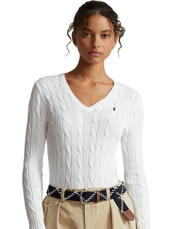 Ralph Lauren Cable-knit Cotton V-neck Sweater - White
