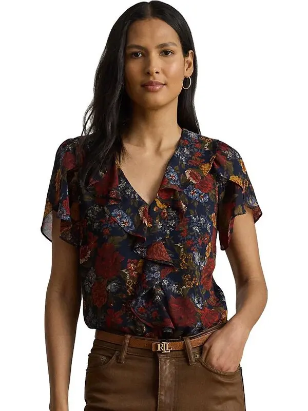 Ralph Lauren Floral Ruffle-trim Georgette Blouse - Navy Multi