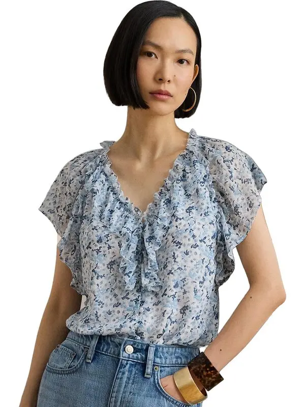 Ralph Lauren Floral Ruffle-trim Georgette Blouse - White/blue