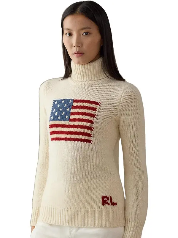 Ralph Lauren Flag Cashmere Turtleneck Sweater - Lux Cream W/ Flag
