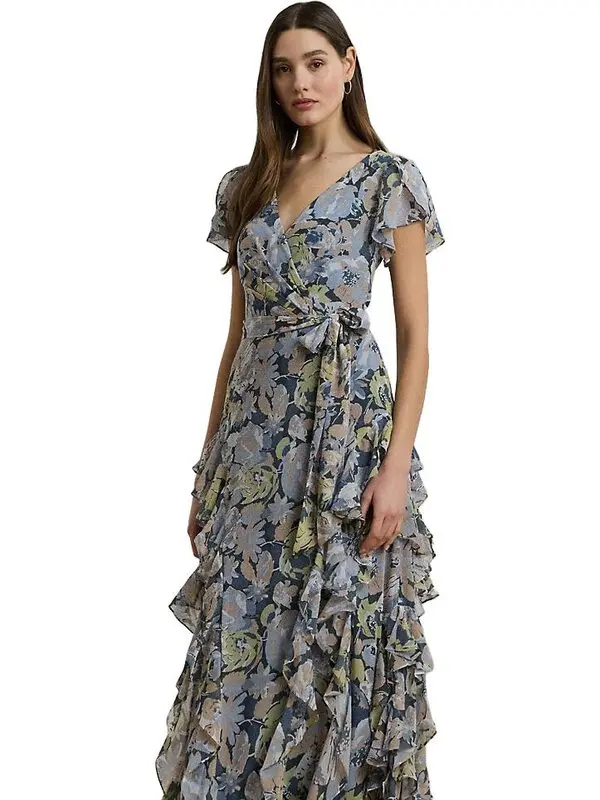 Ralph Lauren Floral Ruffle-trim Georgette Gown - Blue Multi