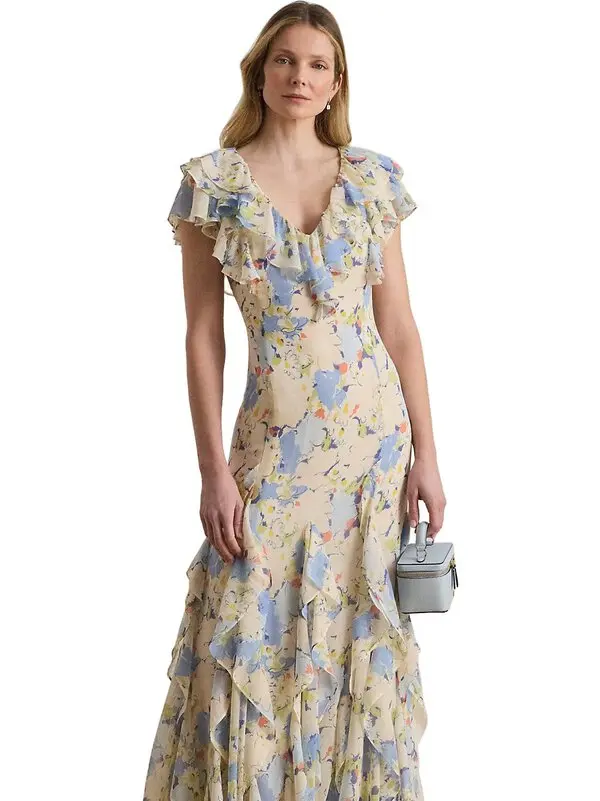 Ralph Lauren Floral Ruffle-trim Georgette Gown - Blue Multi