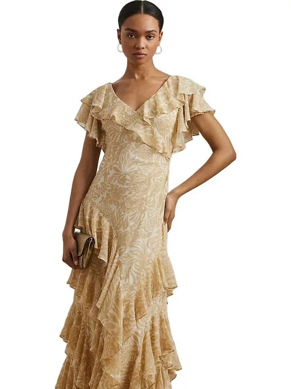 Ralph Lauren Floral Ruffle-trim Georgette Gown - Cream/tan