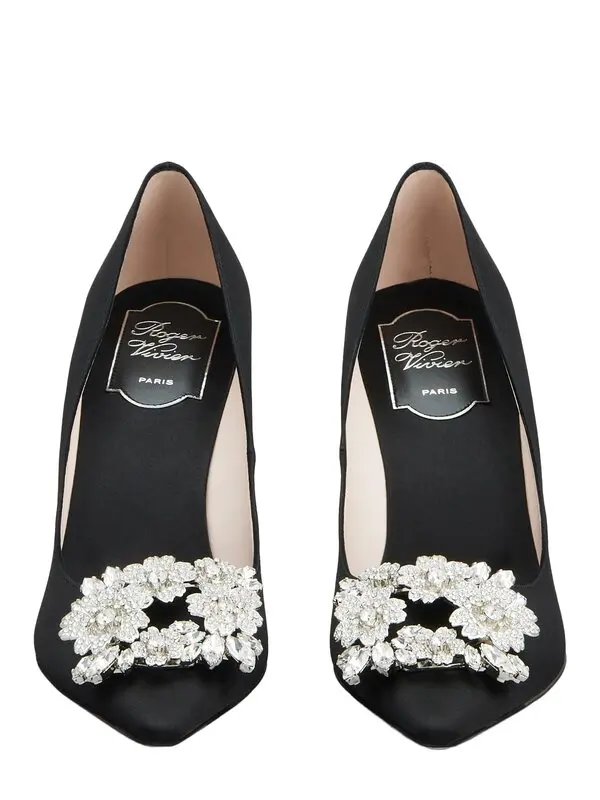 ROGER VIVIER Efflorescence Satin Pumps With Crystal Flower Buckle - Black