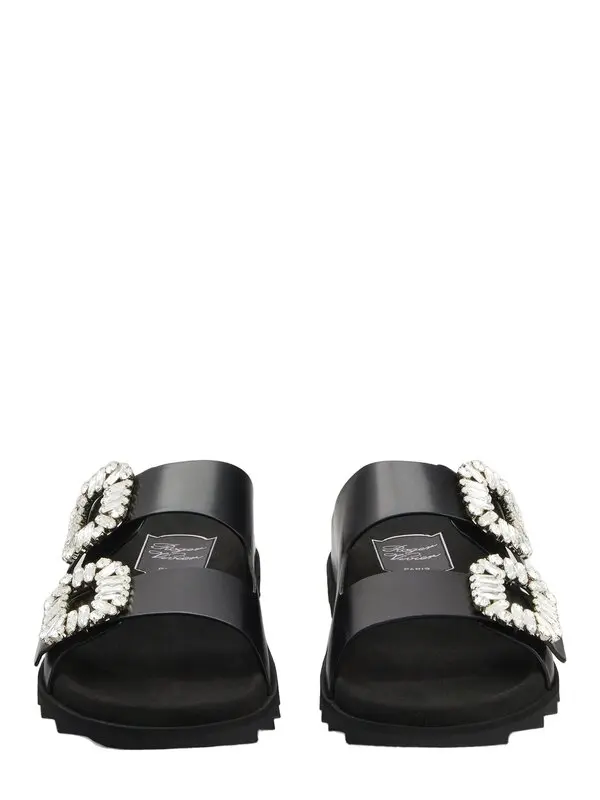 ROGER VIVIER Slidy Viv Leather Mules With Crystal Buckles - Black