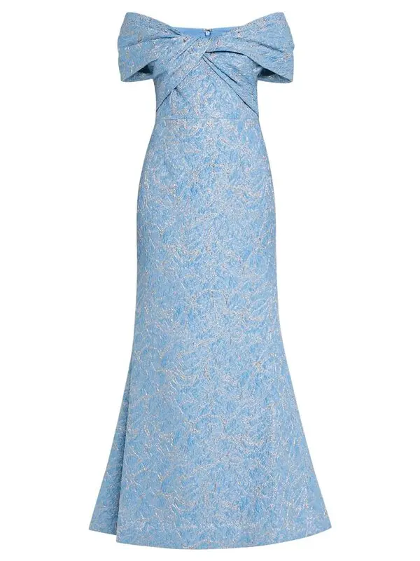 Rickie Freeman For Teri Jon Off-shoulder Jacquard Gown - Blue Multi