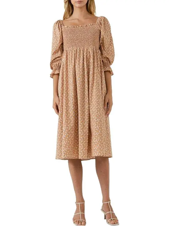 English Factory Floral Smocked Midi Dress - Tan Multi