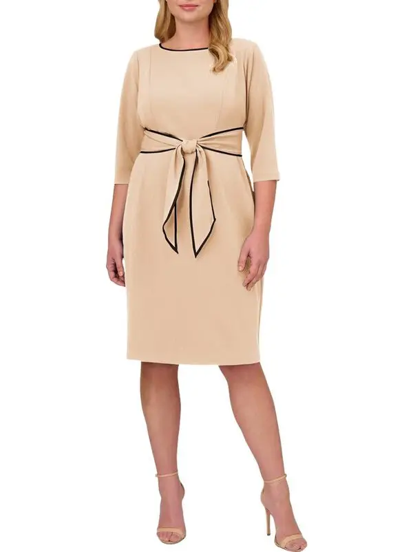 Adrianna Papell Tie Waist Crepe Sheath Dress - Alabaster/black