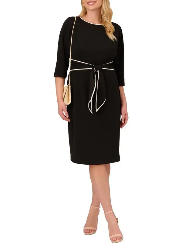 Adrianna Papell Tie Waist Crepe Sheath Dress - Black/ivory