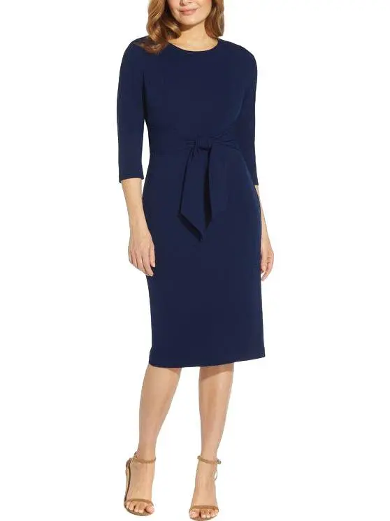 Adrianna Papell Tie Waist Crepe Sheath Dress - Navy Sateen