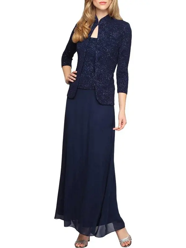 Alex Evenings Two-piece Jacquard Gown With Jacket - Navy