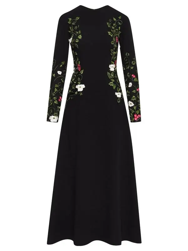 Oscar De La Renta Floral-embroidered Midi Dress - Black