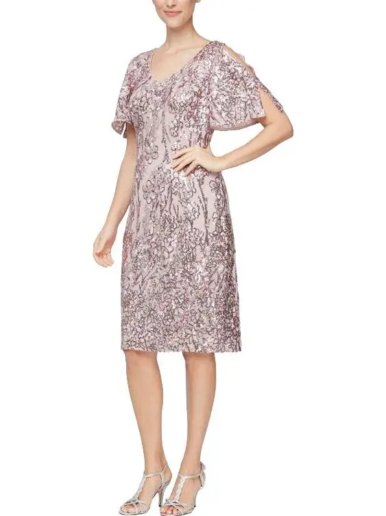 Alex Evenings Slit Sleeve Sequin Cocktail Sheath Dress - Blush