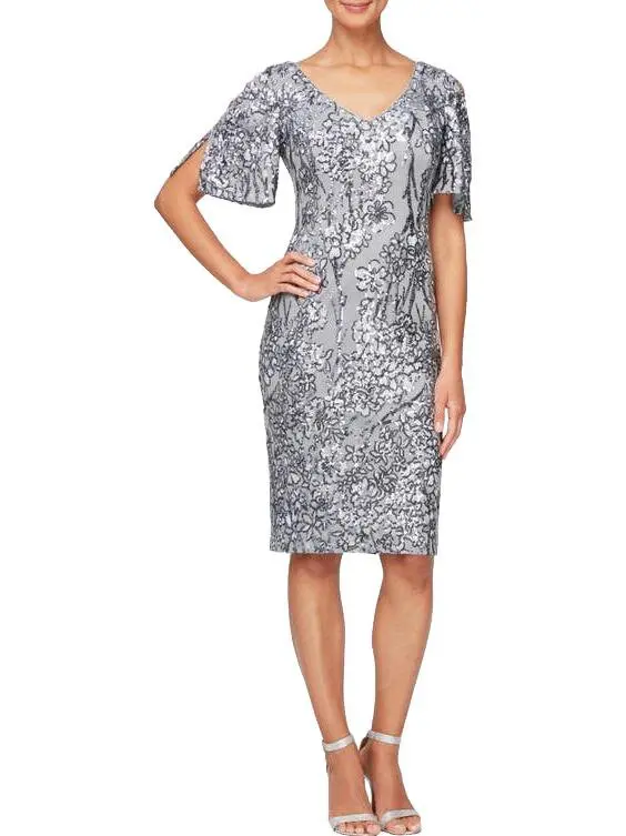 Alex Evenings Slit Sleeve Sequin Cocktail Sheath Dress - Silver