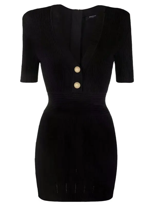 Balmain Ribbed-knit Short-sleeve Dress - Black