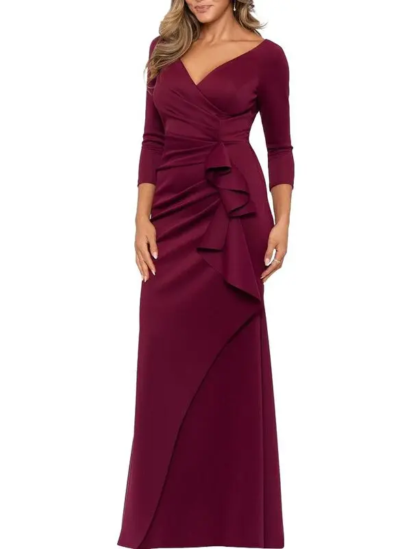 XSCAPE EVENINGS Ruched Scuba Knit Ruffle Gown - Wine
