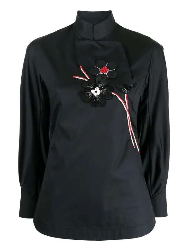 Shiatzy Chen Cotton Floral Appliqué Mandarin Collar Top - Black