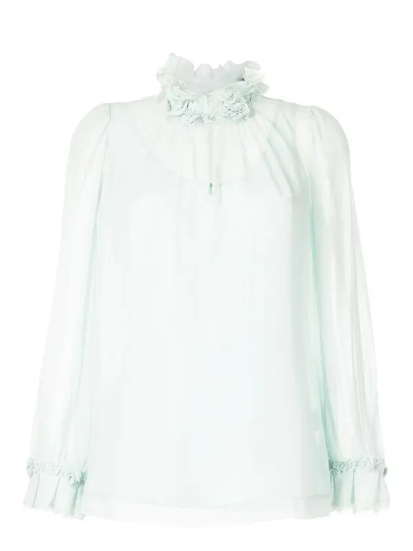 Shiatzy Chen Mulberry Silk Frilled High Neck Blouse - Blue