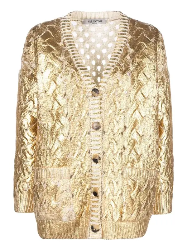 Valentino Garavani Metallic-effect V-neck Cardigan - Gold