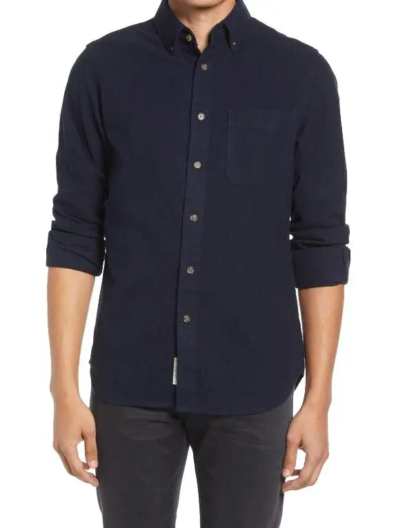 SCHOTT Heather Flannel Long Sleeve Button-up Shirt - Navy