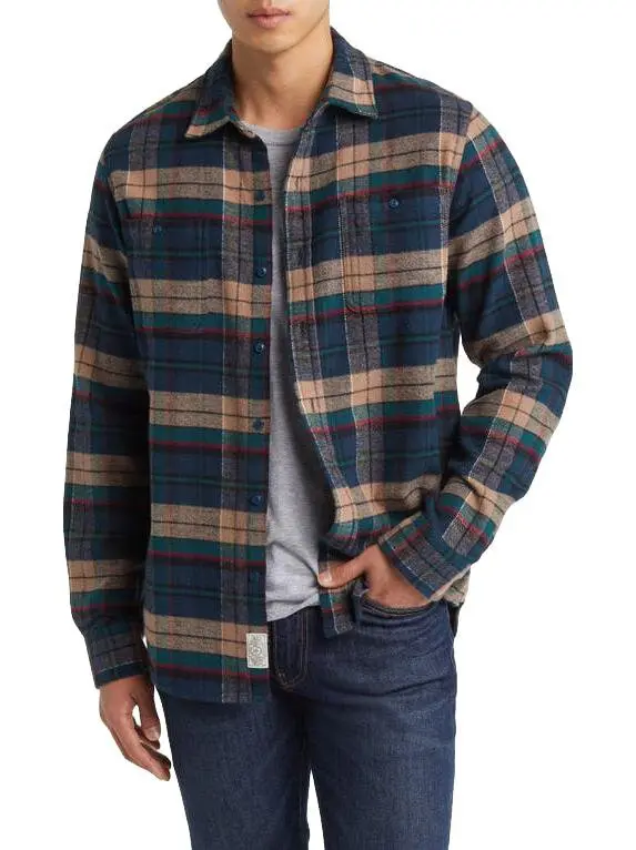 SCHOTT Two-pocket Long Sleeve Flannel Button-up Shirt - Tan Navy