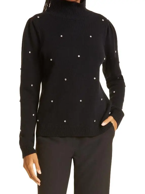 MILLY Crystal Embellished Turtleneck Sweater - Black