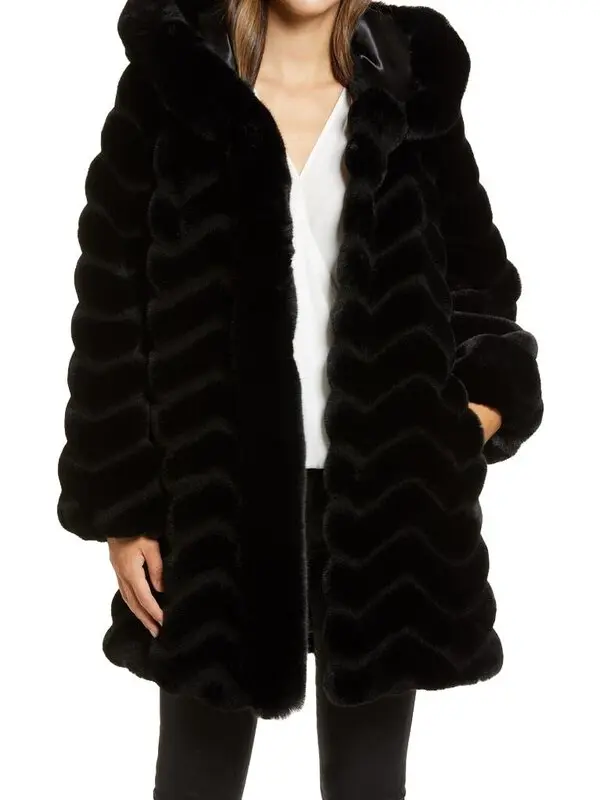 Gallery Grooved Faux Fur Hooded Jacket - Black