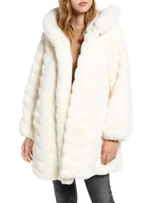 Gallery Grooved Faux Fur Hooded Jacket - Cream