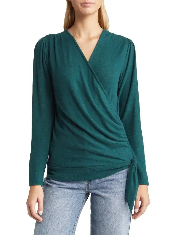 Loveappella Long Sleeve Faux Wrap Top - Hunter