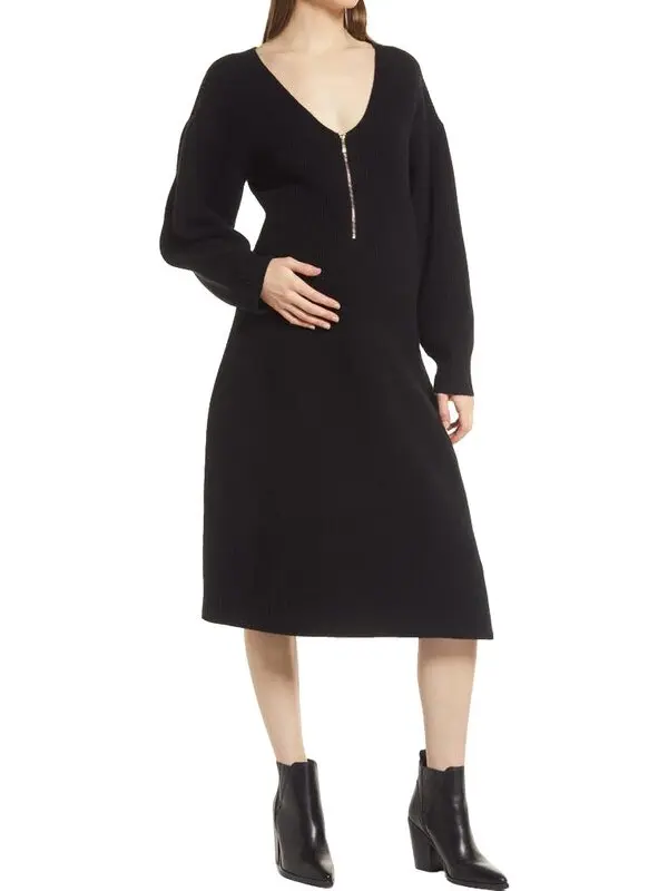 EMILIA GEORGE Eva Long Sleeve Merino Wool-blend Maternity Sweater Dress - Black