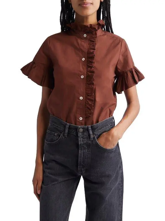 Mille Vanessa Ruffle Detail Cotton Blouse - Chocolate