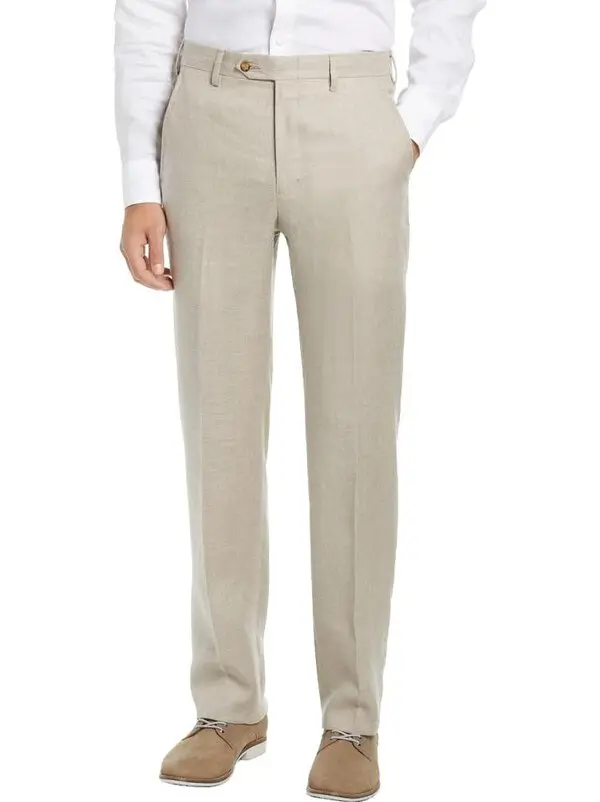 Berle Flat Front Linen Trousers - Natural
