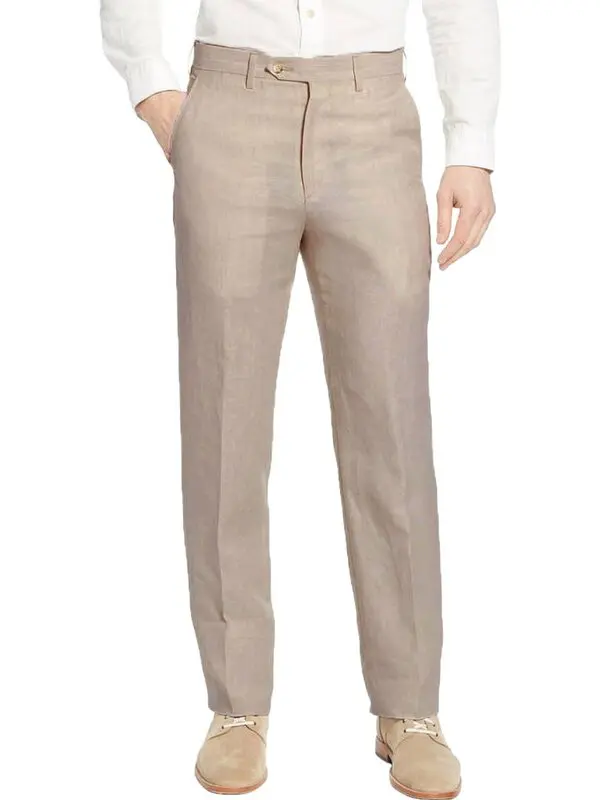 Berle Flat Front Linen Trousers - Natural