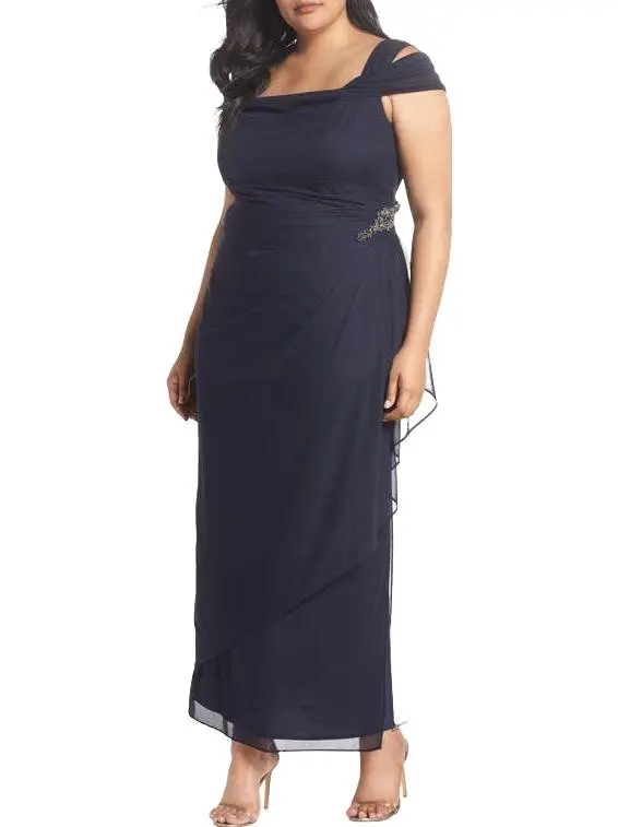 Alex Evenings Embellished Cold Shoulder Gown - Navy