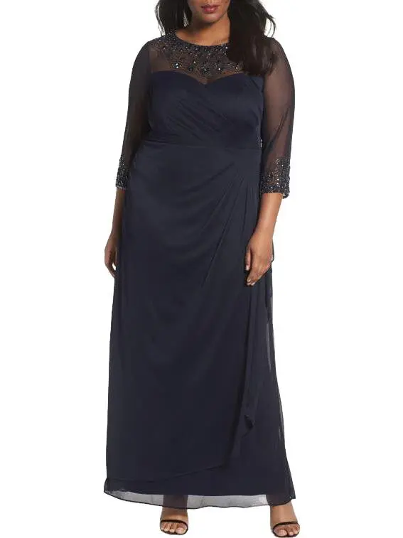 Alex Evenings Beaded Illusion Neck A-line Gown - Dark Navy