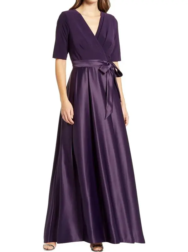 Alex Evenings Surplice Neckline Satin Gown - Eggplant
