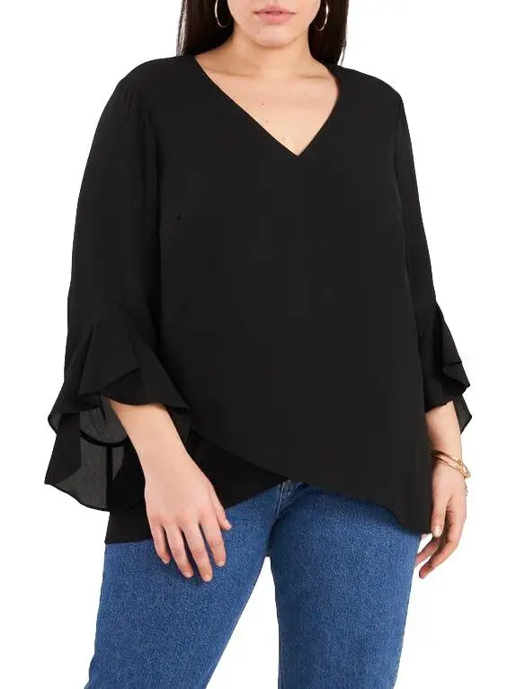 Vince Camuto Flutter Sleeve Georgette Tunic Top - Black