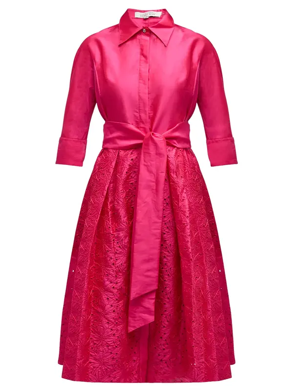 Rickie Freeman For Teri Jon Taffeta Shirtdress With Eyelet Skirt - Hot Pink